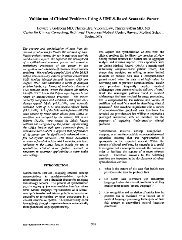 Pdf Validation Of Clinical Problems Using A Umls Based Semantic Parser