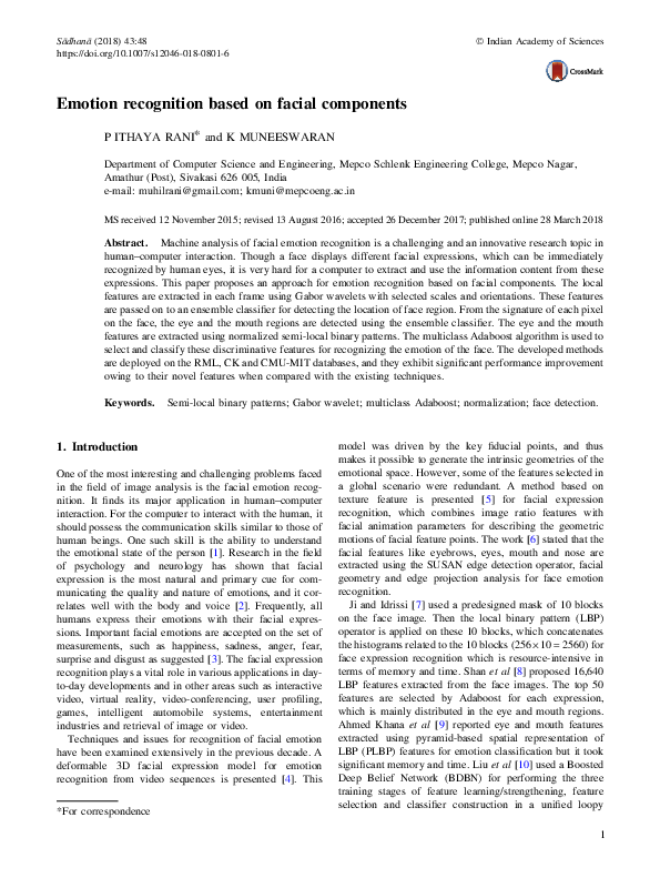 (PDF) Emotion recognition based on facial components