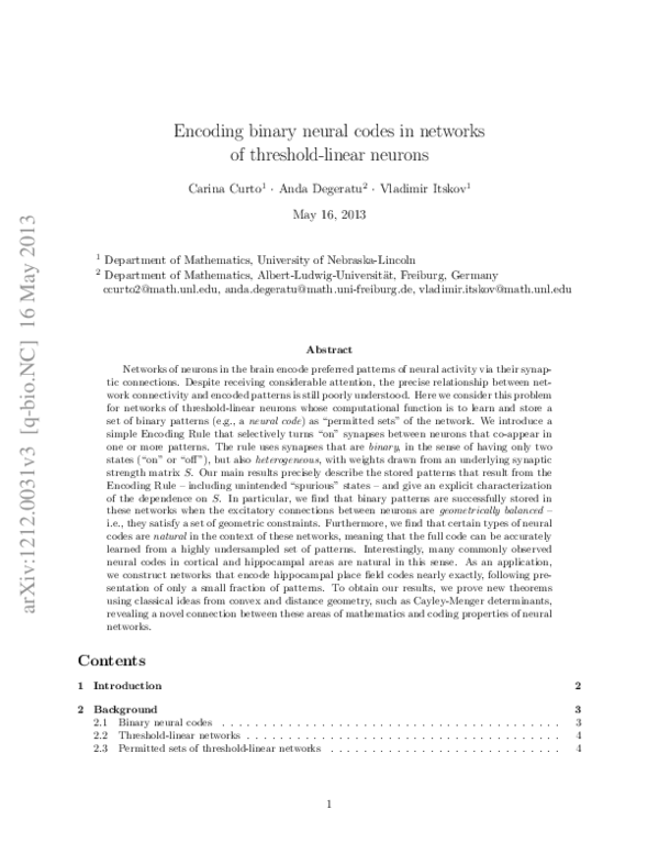 Pdf Encoding Binary Neural Codes In Networks Of Threshold Linear Neurons