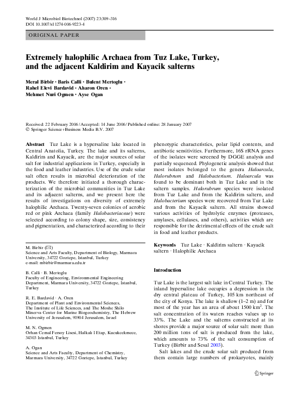(PDF) Extremely halophilic Archaea from Tuz Lake, Turkey, and the ...