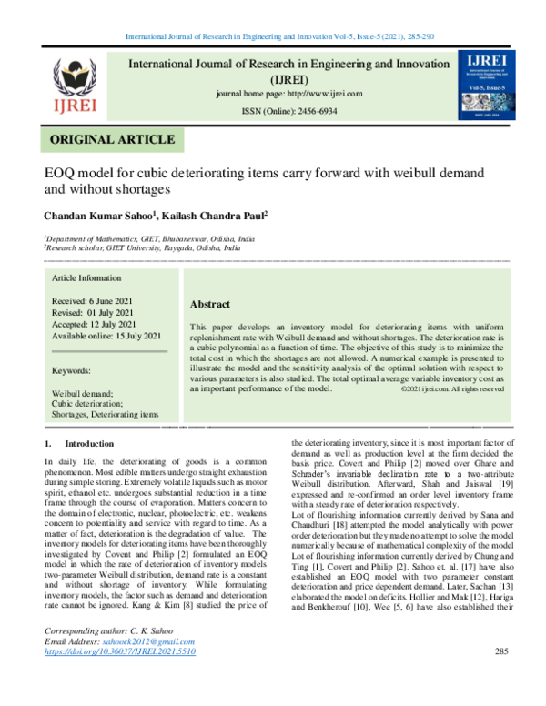 Pdf Eoq Model For Cubic Deteriorating Items Carry Forward With Weibull Demand And Without