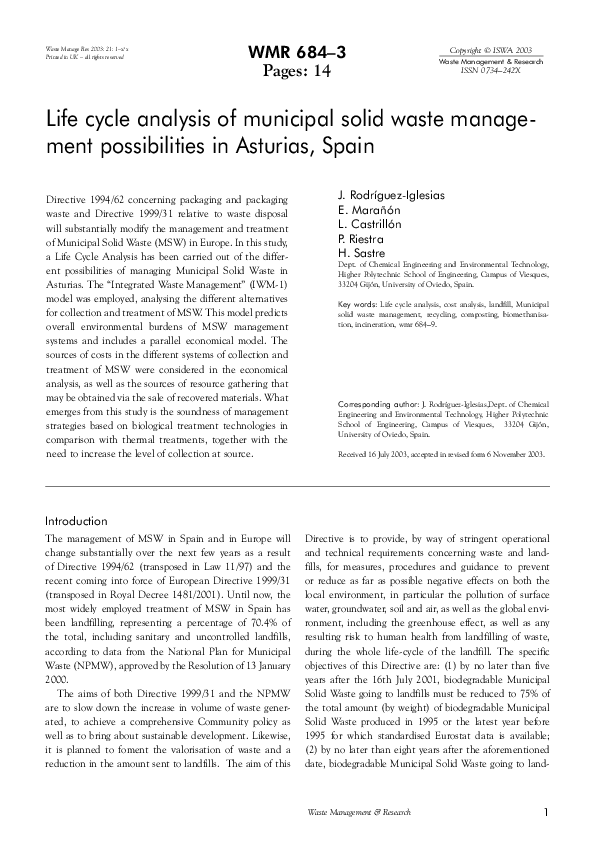 (PDF) Life cycle analysis of municipal solid waste management possibilities in Asturias, Spain
