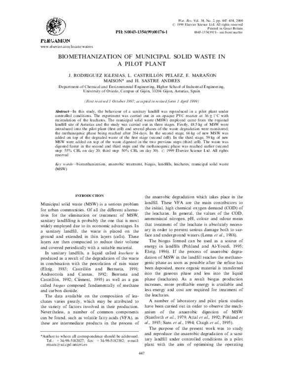 (PDF) Biomethanization of municipal solid waste in a pilot plant