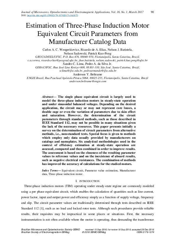 Pdf Estimation Of Three Phase Induction Motor Equivalent Circuit Parameters From Manufacturer