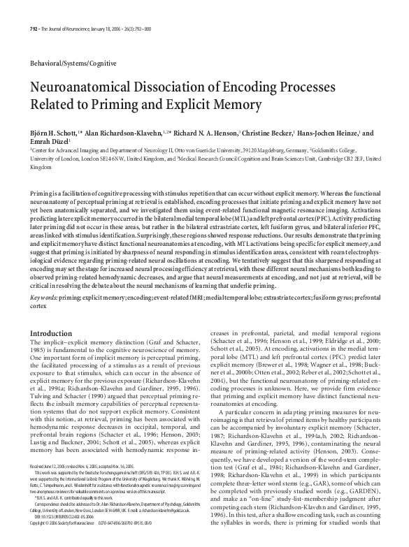 Neuroanatomical dissociation of encoding processes related to priming and explicit memory