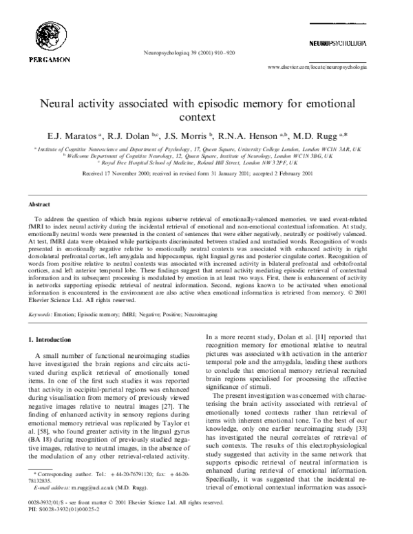 (PDF) Neural activity associated with episodic memory for emotional context