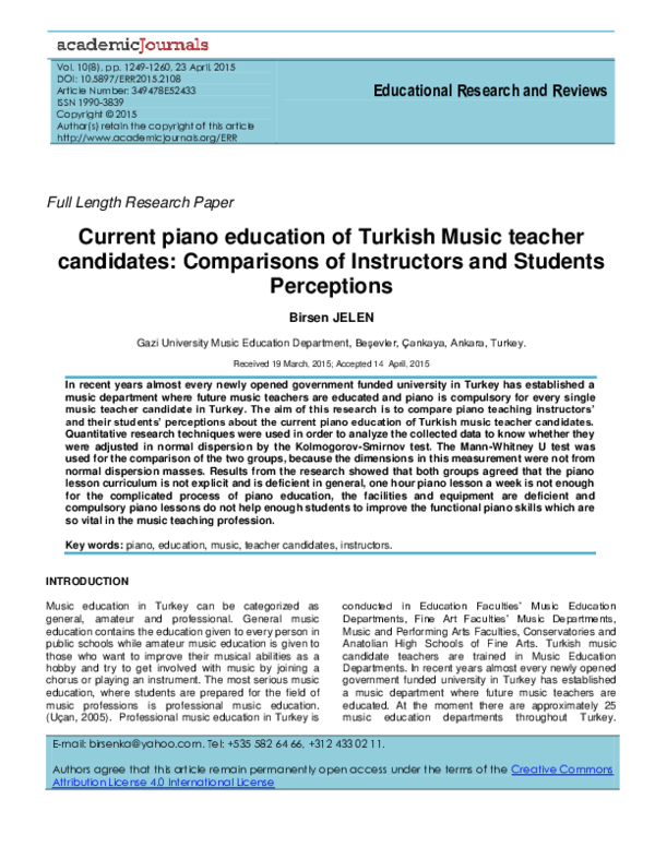 (PDF) Current piano education of Turkish Music teacher candidates ...