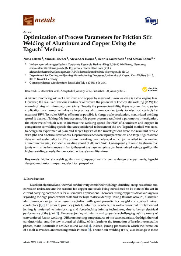 (PDF) Optimization of Process Parameters for Friction Stir Welding of Aluminum and Copper Using ...