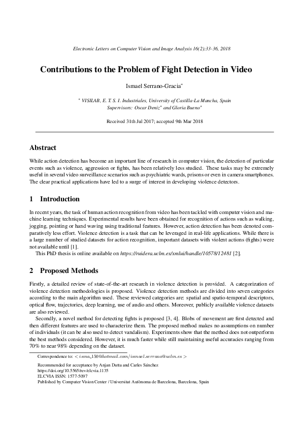 (PDF) Contributions to the Problem of Fight Detection in Video