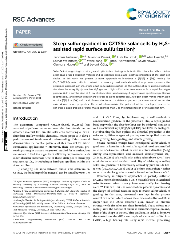 (PDF) Steep sulfur gradient in CZTSSe solar cells by H2S-assisted rapid ...