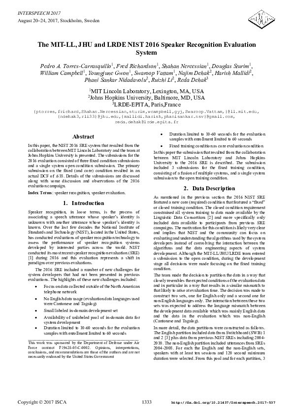 (PDF) The MIT-LL, JHU and LRDE NIST 2016 Speaker Recognition Evaluation ...