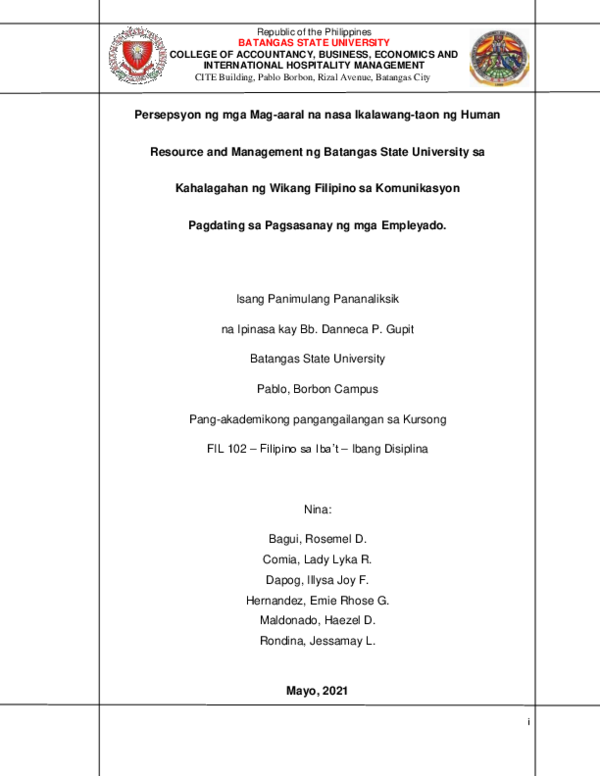 (PDF) Persepsyon ng mga Mag aaral na nasa Ikalawang taon ng Human Pananalisik sa FILI