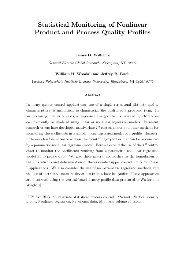 (PDF) Statistical monitoring of nonlinear product and process quality profiles | J. Birch ...
