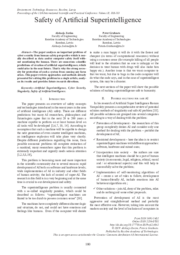 (PDF) Safety of Artificial Superintelligence