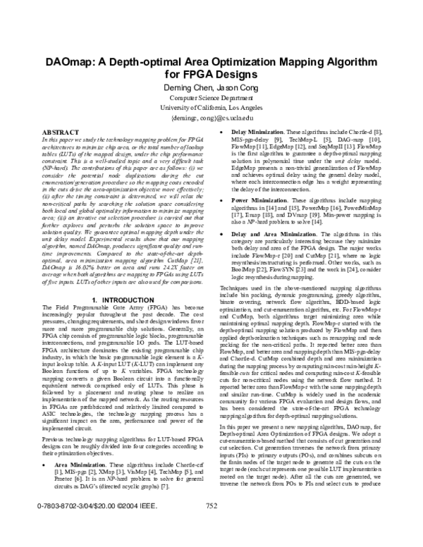 Pdf Daomap A Depth Optimal Area Optimization Mapping Algorithm For Fpga Designs