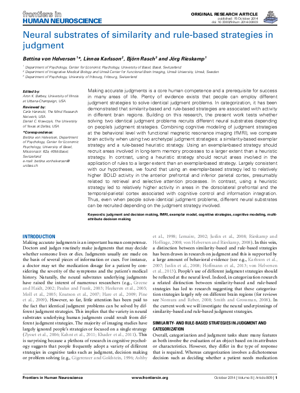 Pdf Neural Substrates Of Similarity And Rule Based Strategies In Judgment