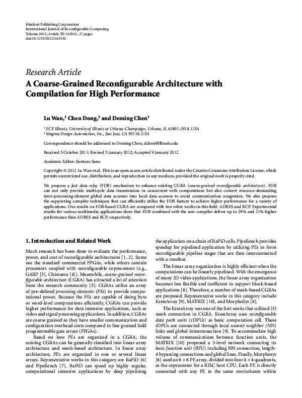 Pdf A Coarse Grained Reconfigurable Architecture With Compilation For High Performance