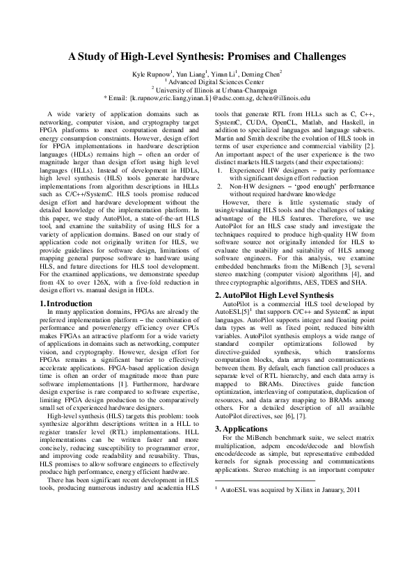 (PDF) A study of high-level synthesis: Promises and challenges