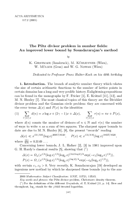 Pdf The Piltz Divisor Problem In Number Fields An Improved Lower Bound By Soundararajans Method