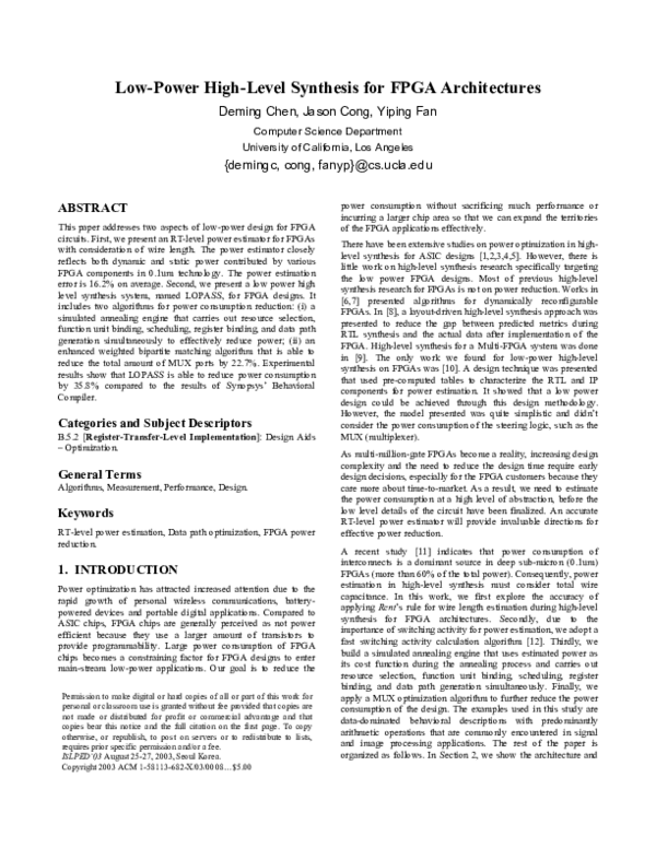 Pdf Low Power High Level Synthesis For Fpga Architectures