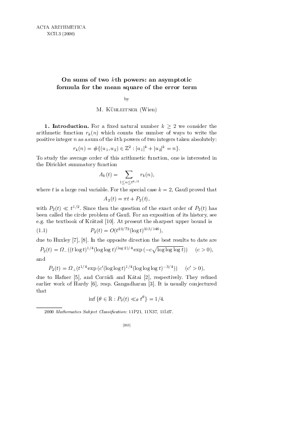 (PDF) On sums of two k-th powers: an asymptotic formula for the mean square of the error term