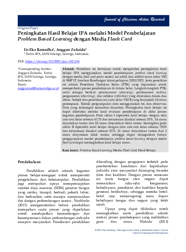 (PDF) Peningkatan Hasil Belajar IPA melalui Model Pembelajaran Problem Based Learning dengan ...