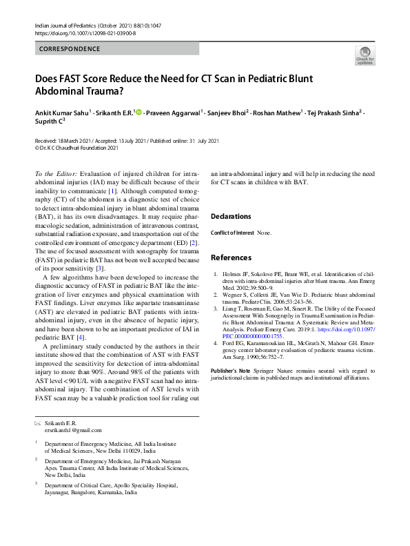 (PDF) Does FAST Score Reduce the Need for CT Scan in Pediatric Blunt ...
