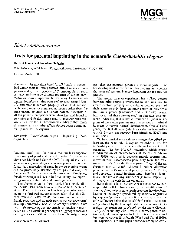 (PDF) Tests for parental imprinting in the nematode Caenorhabditis elegans