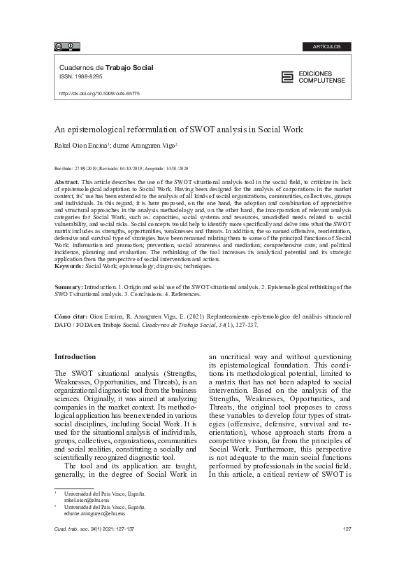 (PDF) An epistemological reformulation of SWOT analysis in Social Work
