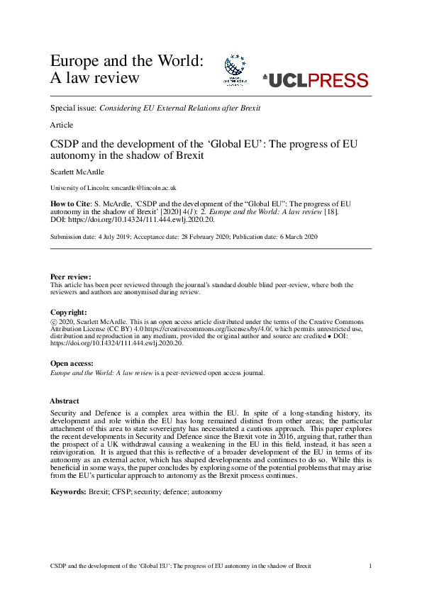 (PDF) CSDP and the development of the ‘Global EU’: The progress of EU ...