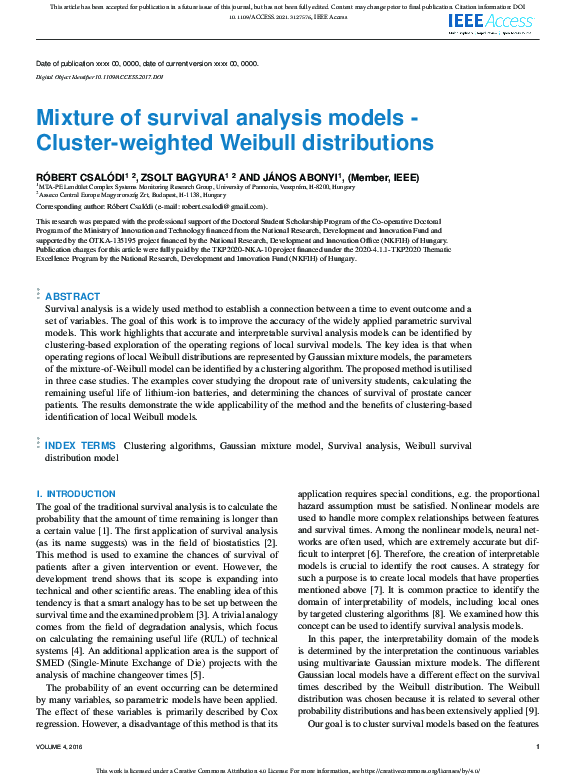 (PDF) Mixture of survival analysis models -Cluster-weighted Weibull distributions