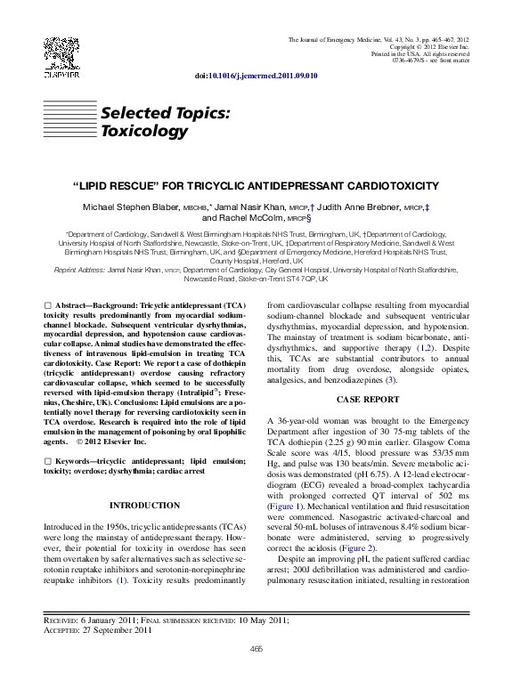 (PDF) “Lipid Rescue” for Tricyclic Antidepressant Cardiotoxicity
