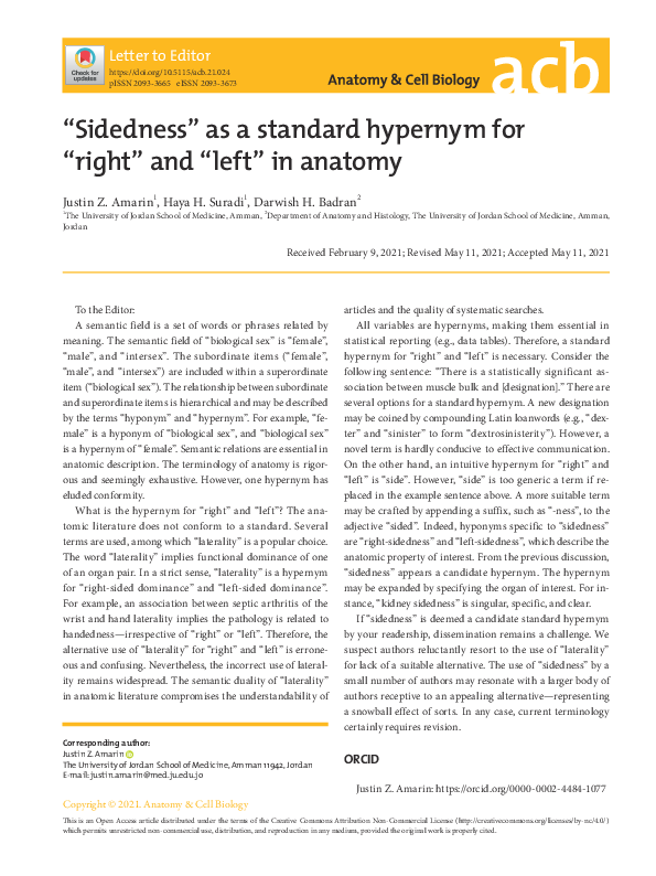(PDF) Sidedness" as a standard hypernym for "right" and "left" in anatomy