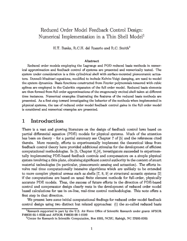 Pdf Reduced Order Model Feedback Control Design Numerical Implementation In A Thin Shell Model