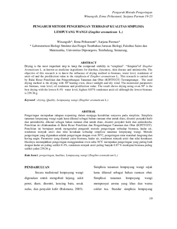 (PDF) PENGARUH METODE PENGERINGAN TERHADAP KUALITAS SIMPLISIA LEMPUYANG ...
