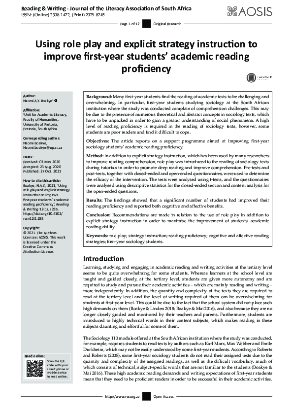 (PDF) Using role play and explicit strategy instruction to improve first-year students’ academic ...