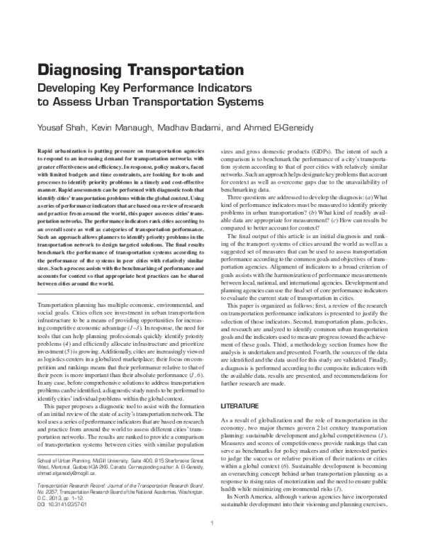 (PDF) Diagnosing Transportation: Developing Key Performance Indicators ...