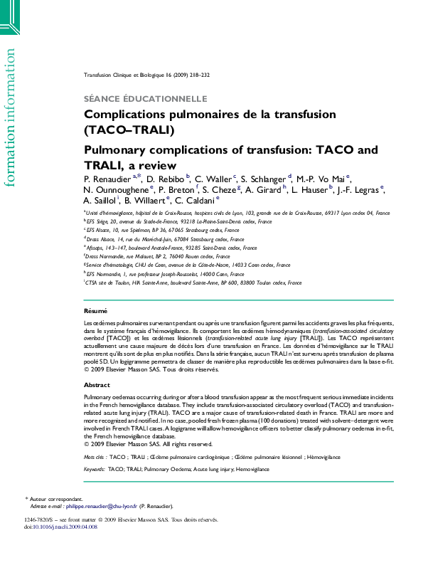 (PDF) Complications pulmonaires de la transfusion (TACO–TRALI)