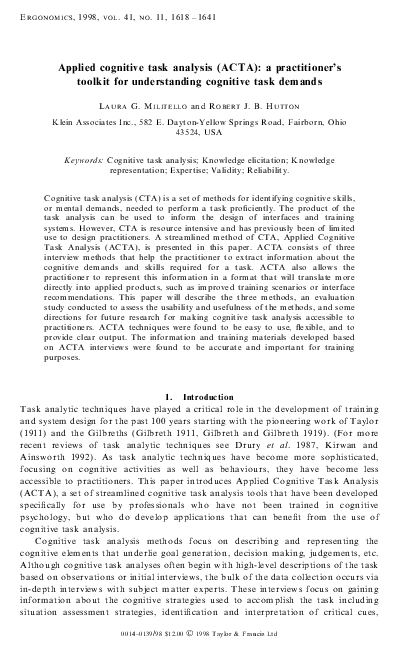 (PDF) Applied Cognitive Task Analysis (ACTA): A practitioner's toolkit for understanding ...