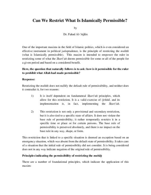 (PDF) Can We Restrict What Is Islamically Permissible? - by Dr. Fahad ...