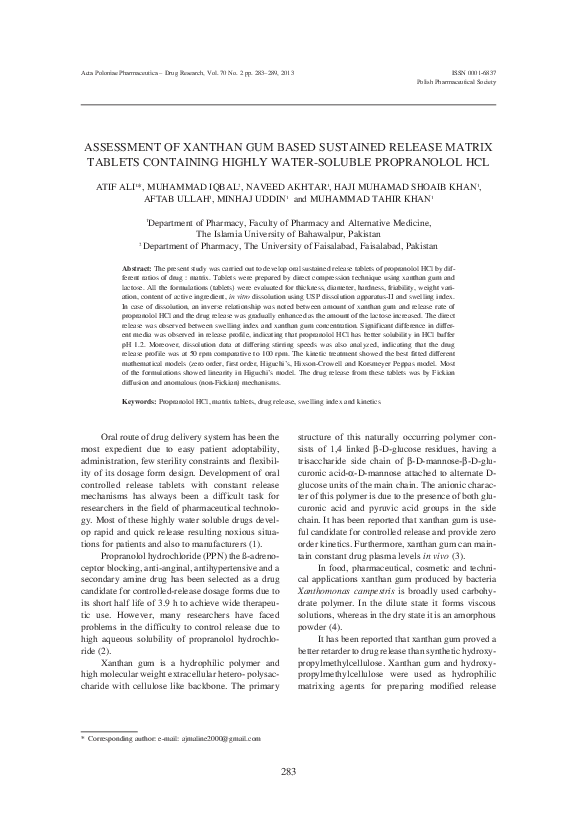 Pdf Assessment Of Xanthan Gum Based Sustained Release Matrix Tablets Containing Highly Water