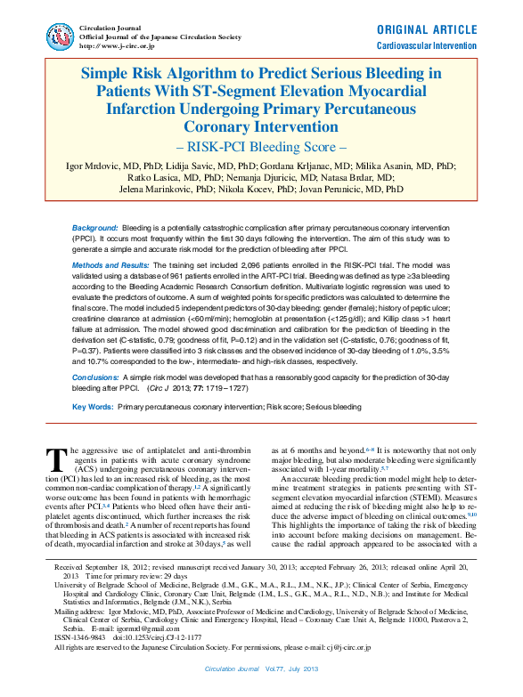 (PDF) Simple Risk Algorithm to Predict Serious Bleeding in Patients With ST-Segment Elevation ...
