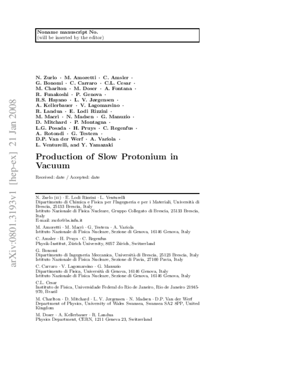 (PDF) Production of slow protonium in vacuum