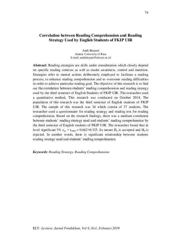 (PDF) Correlation between Reading Comprehension and Reading Strategy Used By English Students of ...