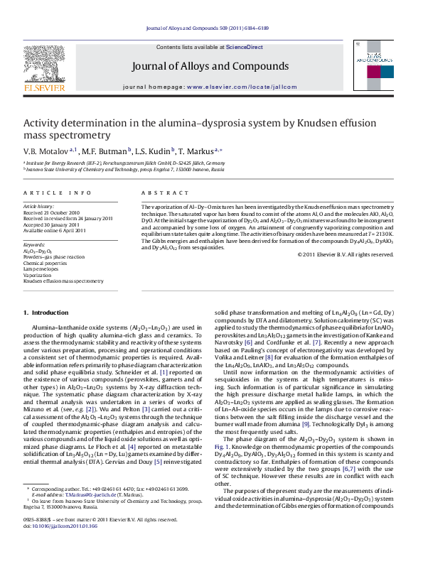 (PDF) Activity determination in the alumina–dysprosia system by Knudsen ...