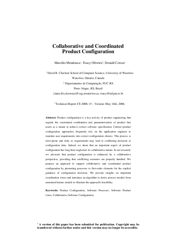 (PDF) Collaborative and Coordinated Product Configuration | D. Cowan ...