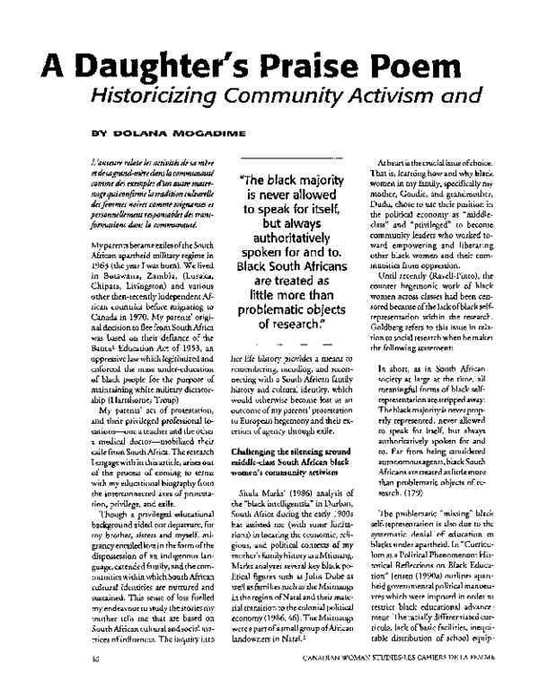 (PDF) A Daughter's Praise Poem For Her Mother: Historicizing Community ...