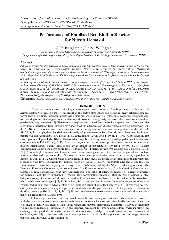 (PDF) Performance of fluidized biofilm reactor for nitrate removal