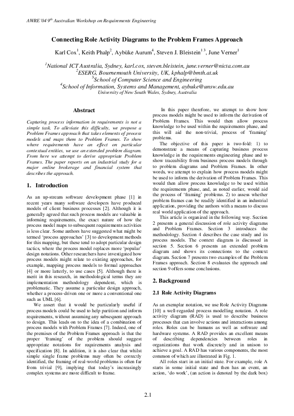 (PDF) Connecting role activity diagrams to the problem frames approach