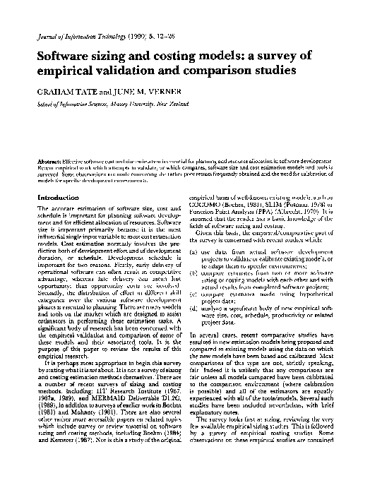 (PDF) Software sizing and costing models: a survey of empirical validation and comparison studies